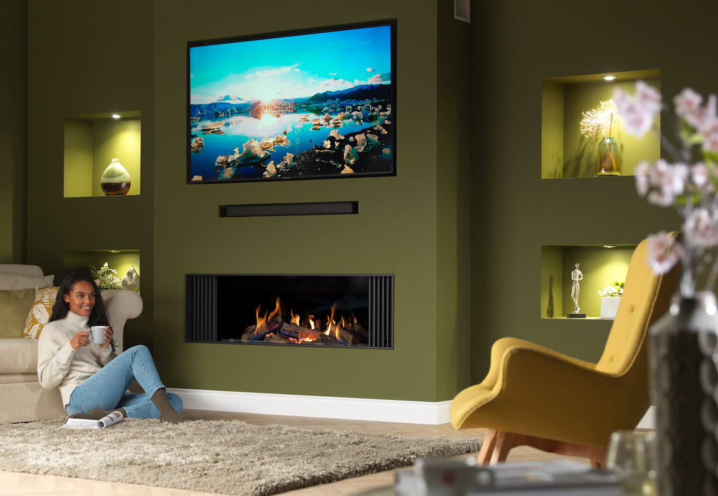 Custom Media Wall With Stone Fireplace